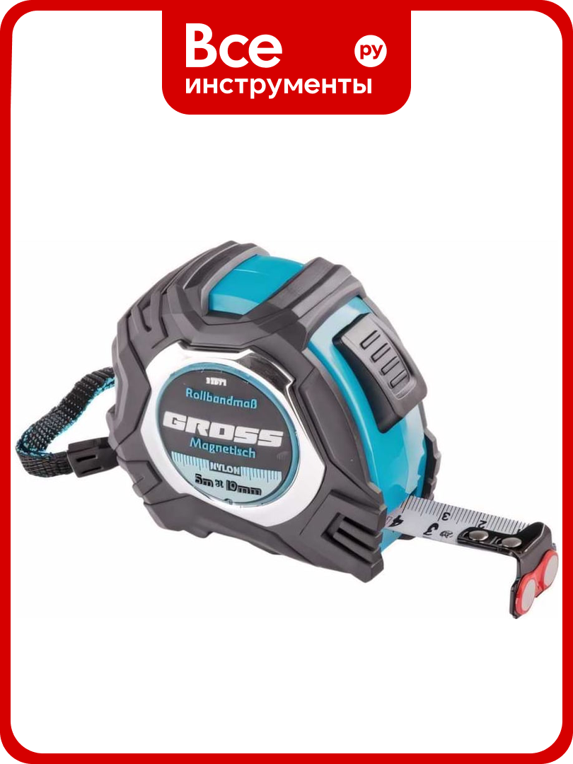 Рулетка Magnetisch, 5 м х 19 мм обрезиненный корпус GROSS 32571, металл