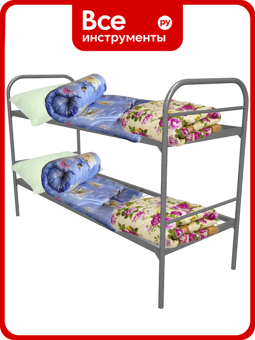 Двухъярусная металлическая кровать Sebmet 800x1900, сетка 100x50, усил,1 пер.+матрасы, одеяла, подушки (Э+) (ТД САМ) К2-80190-10050-У1П-КПБ