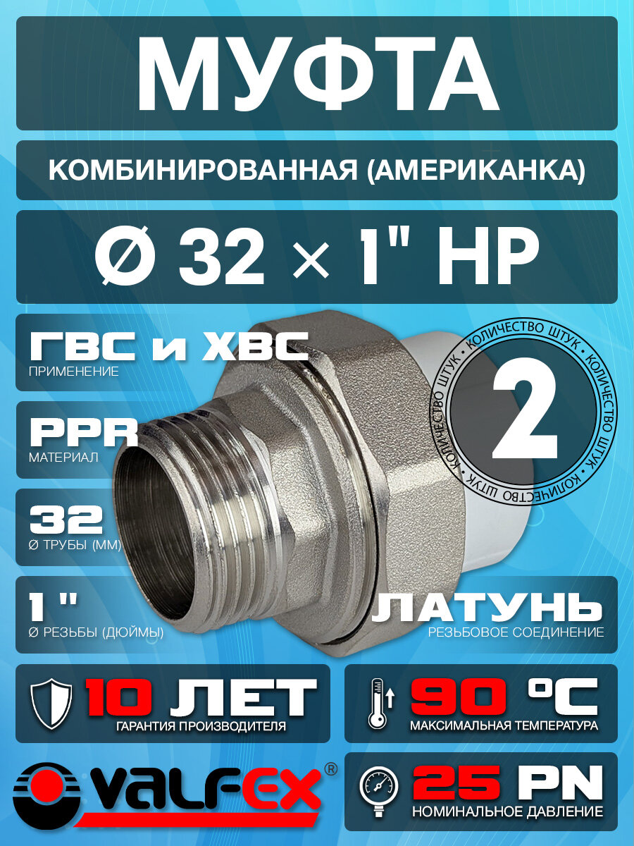 Муфта комбинированная разъемная (американка) с наружной резьбой 32x1" (2 шт)