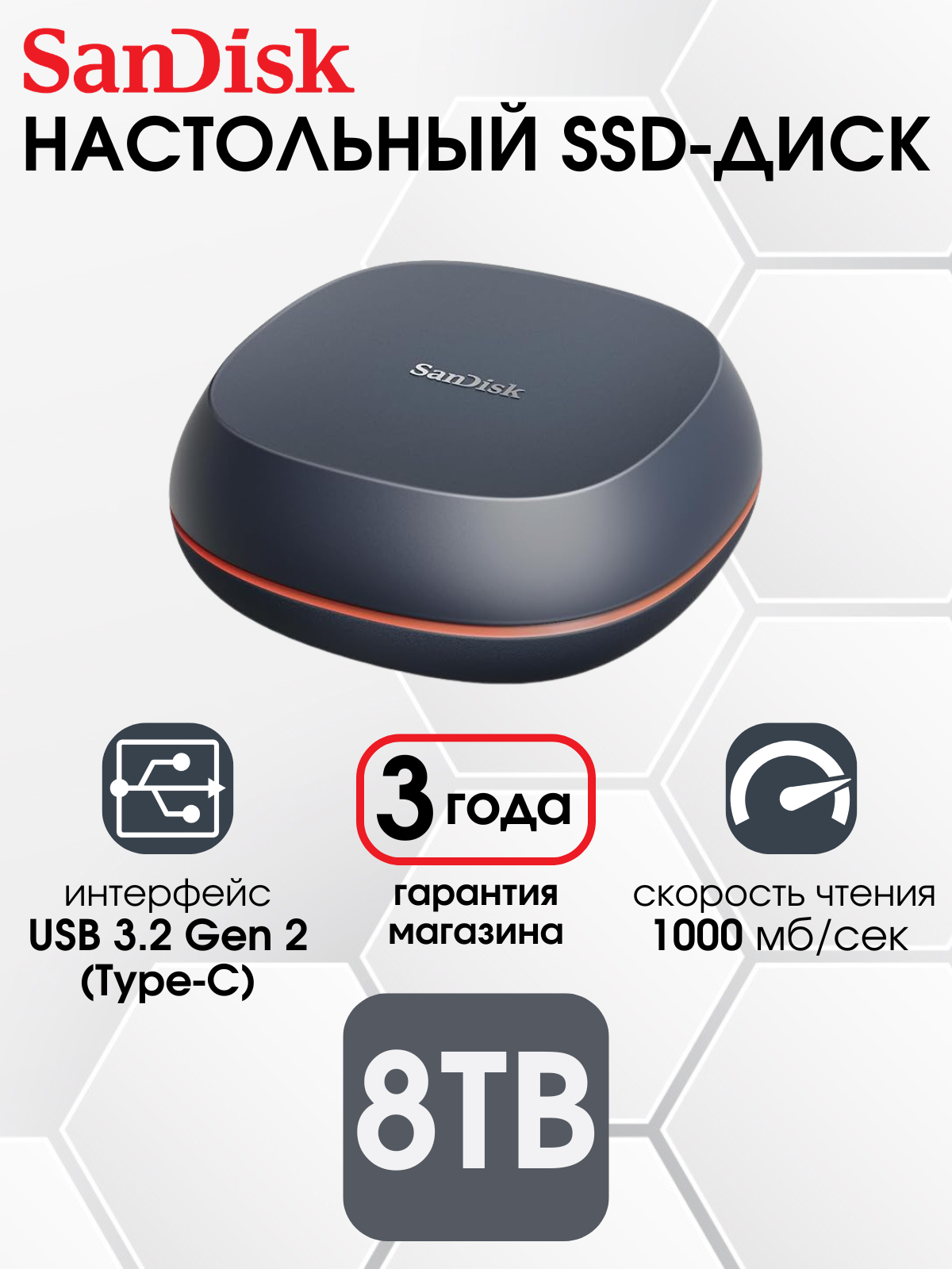 8 ТБ Настольный внешний SSD SanDisk Desk Drive 1000 МБ/сек USB-C, USB 3.2 Gen 2 (SDSSDT40-8T00-NA25)