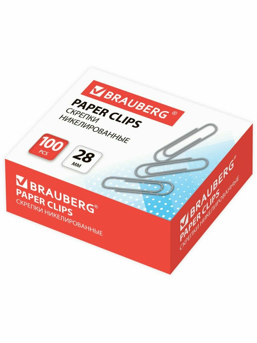 Скрепки Brauberg, 28 мм, никелированные, 100 штук, в картонной коробке, Россия скрепки канцелярские скрепки металлические скрепки никелированные