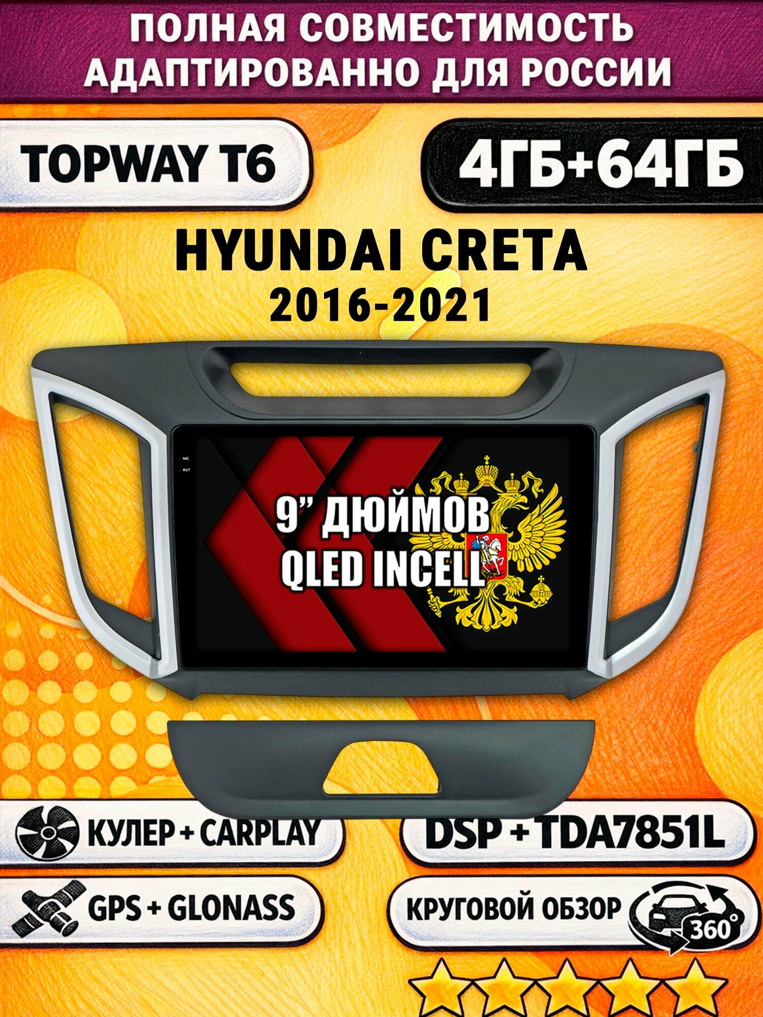 Штатная Андроид магнитола 9 для HYUNDAI CRETA (2016 2017 2018 2019 2020 2021) Крета, 4/64гб, 360 обзор, DSP, беспроводной CarPlay/Android Auto, GPS/ГЛОНАСС