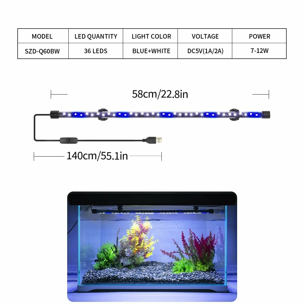 LED лампа для аквариума 58cm Blue+White, 36 LEDs, DC5V