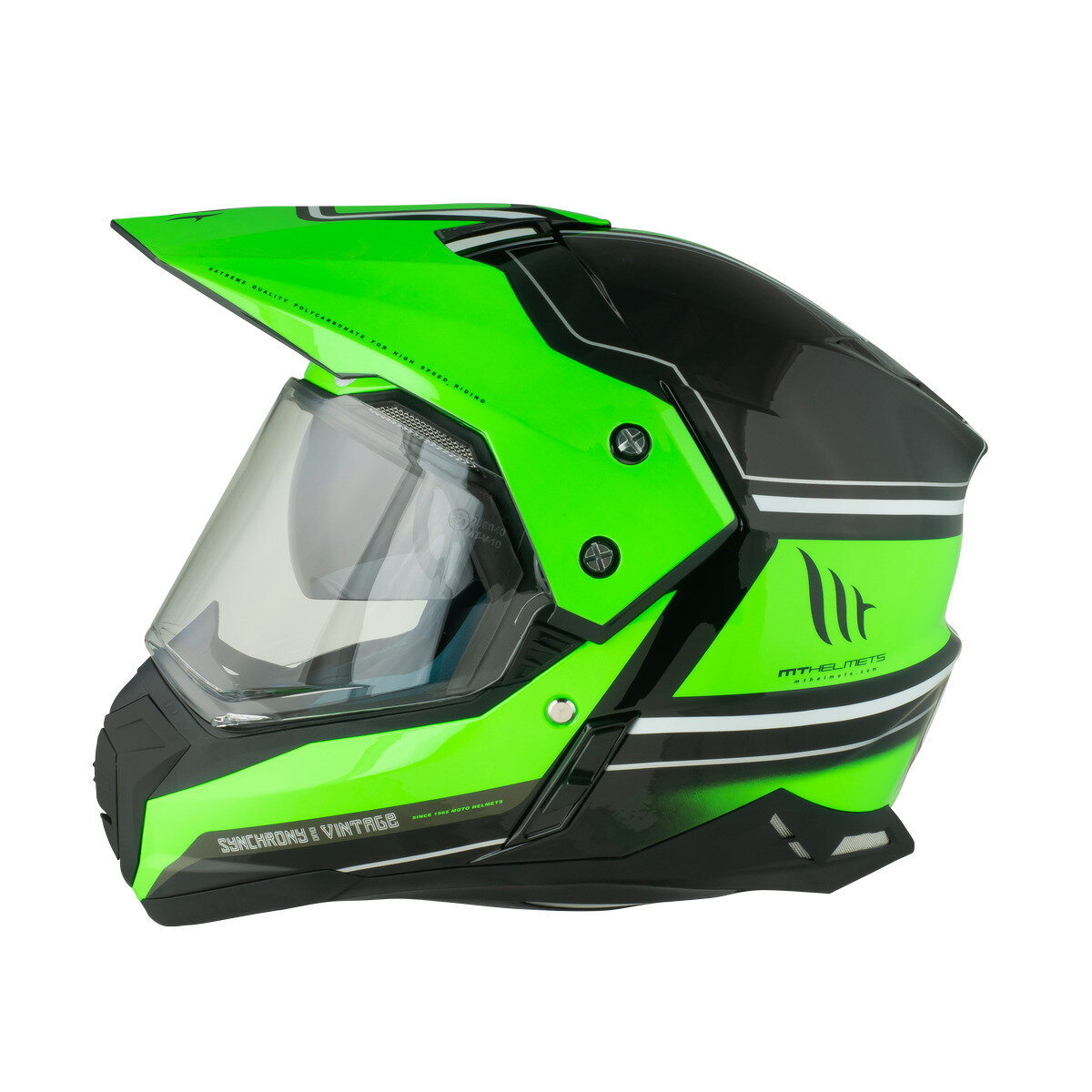 Кроссовый шлем для мотоцикла эндуро с визором MT SYNCHRONY Duo Sport Vintage (S, Gloss Black Fluo Green)