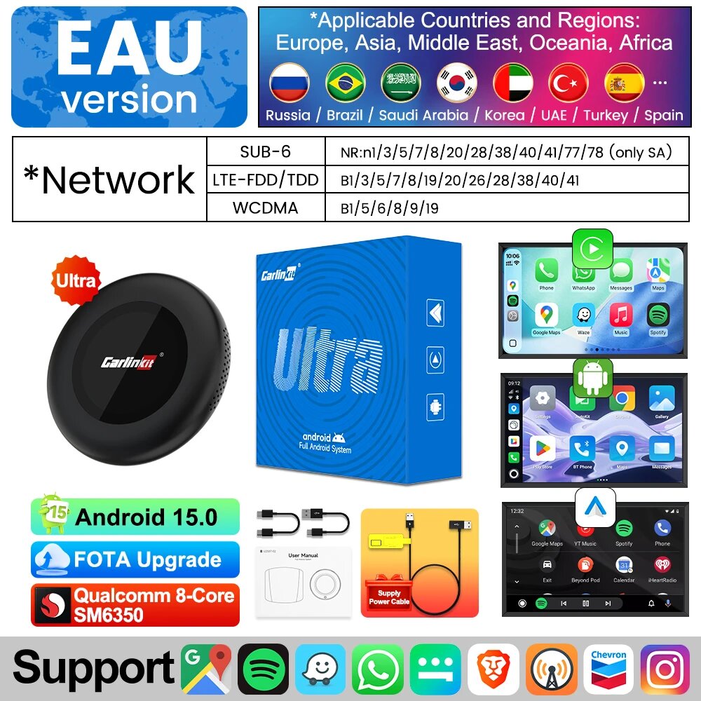 Автомобильный медиаплеер CarlinKit Android 15 CarPlay Ai TV Box SM6350 с беспроводным CarPlay и Android Auto, 5G, встроенным LCD-дисплеем, GPS, 8+128 ГБ