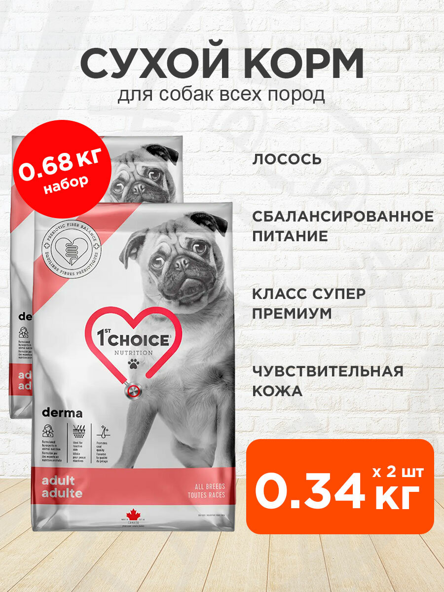 Корм сухой 1st Choice Care Dog Adult All Breeds Derma беззерновой для собак с чувствительной кожей, лосось, 340 г х 2 шт