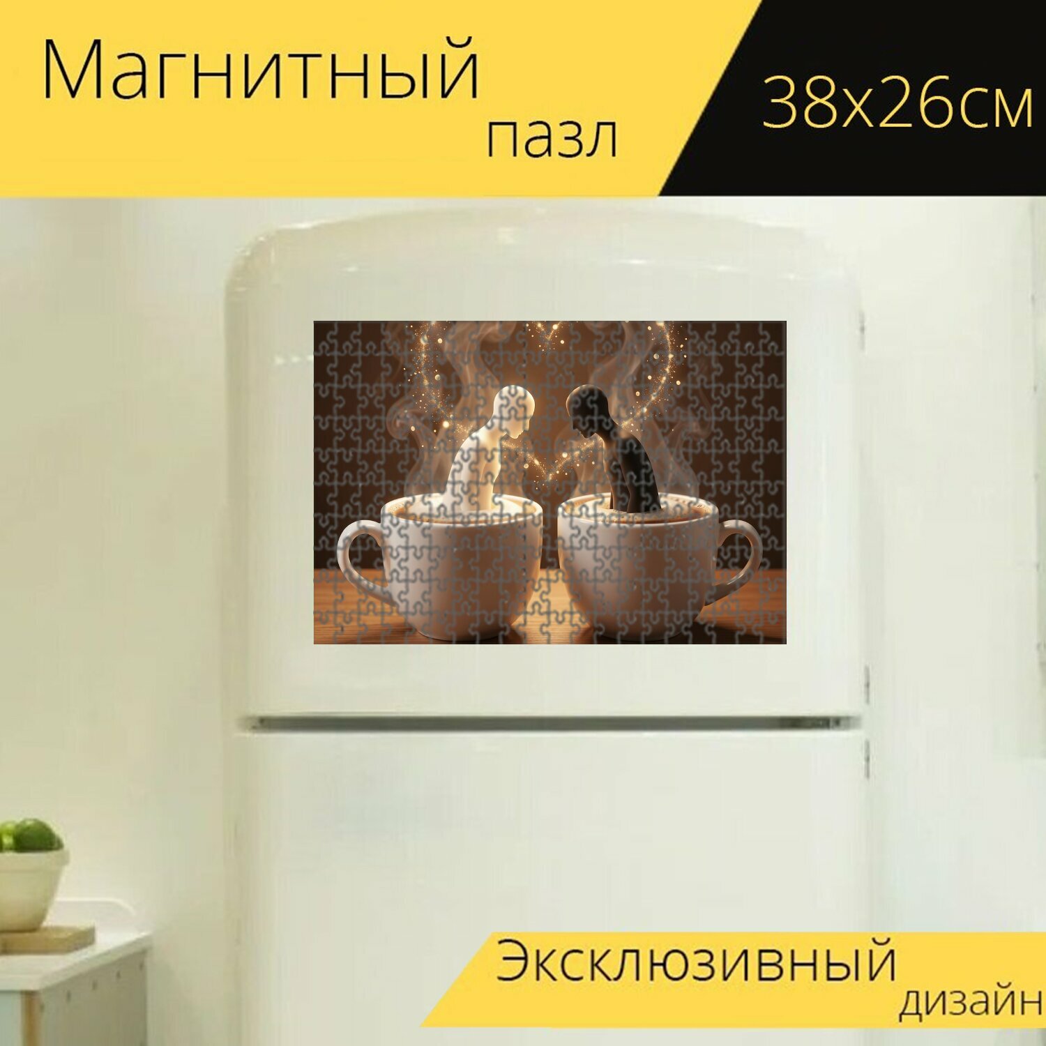 Магнитный пазл "Пара силуэтов в чашках. Минималистичная сцена с контрастными персонажами в белых кружках: тёмный и светлый образы, пар, сияющее сердце из." для интерьера, 38х26 см.