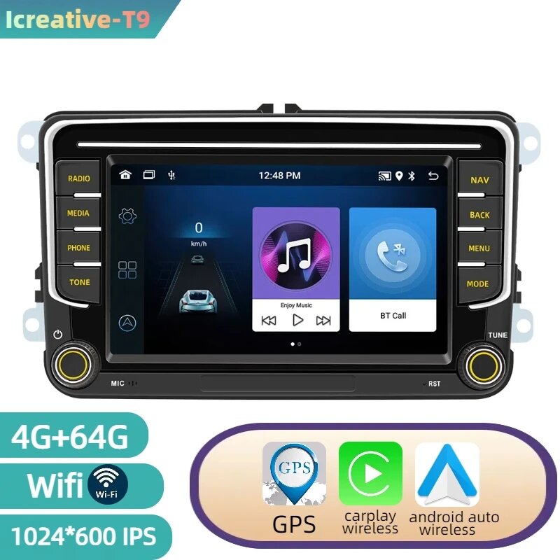 Android автомагнитола 1024*600 IPS, 4G 64G, Wireless CarPlay/Android Auto