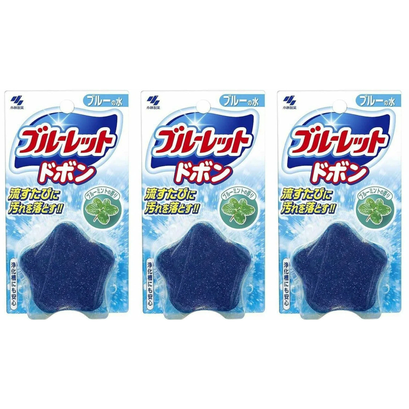 Таблетка Kobayashi Bluelet Dobon для бачка унитаза с эффектом окрашивания воды, Bluelet - мята, 60 г, 3шт