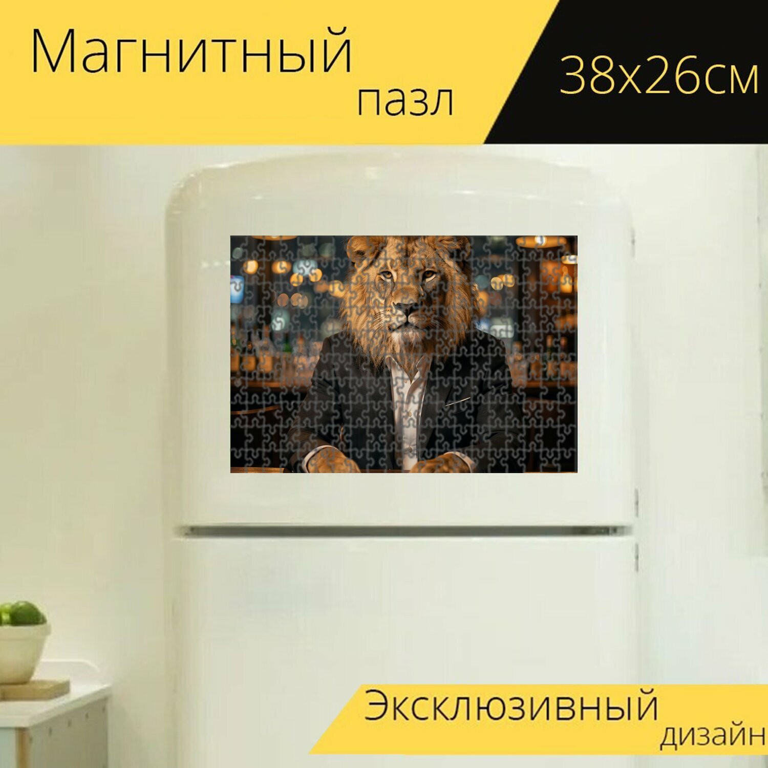 Магнитный пазл "Лев в строгом костюме. Антропоморфный хищник за барной стойкой в черном пиджаке и белой рубашке, теплые огни боке, вечерняя роскошная." для интерьера, 38х26 см.