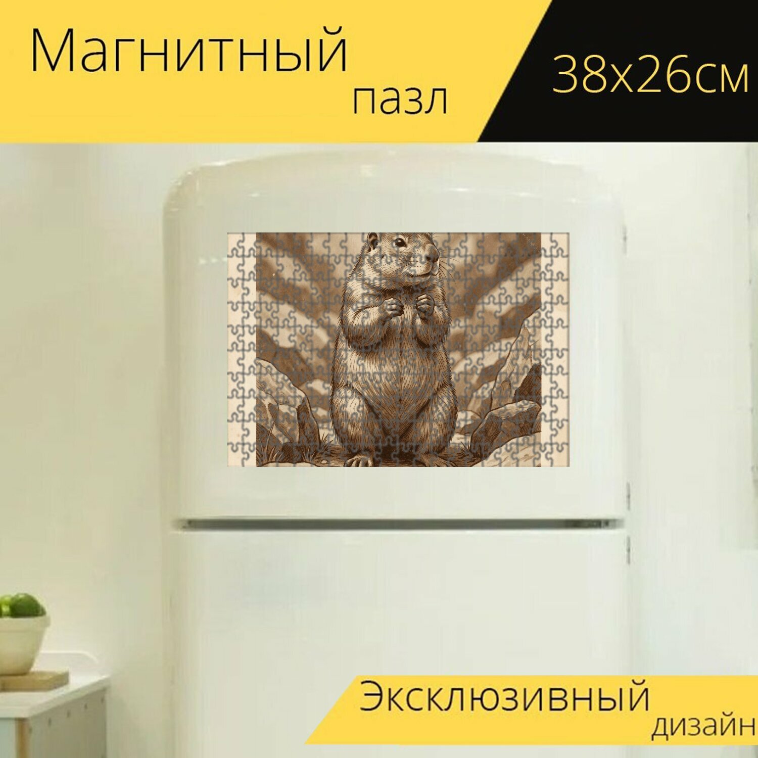 Магнитный пазл "Забавный зверёк на камнях. Сепийная ретро-иллюстрация: маленький пушистый зверь стоит на задних лапах среди валунов, тёплая коричневая." для интерьера, 38х26 см.