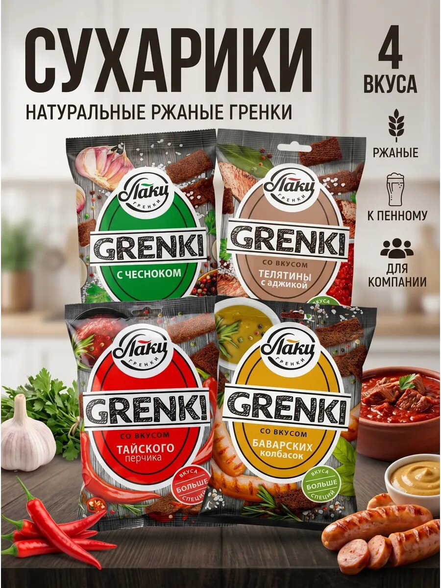 Ржаные сухарики Grenki ассорти вкусов 75 г * 4 шт