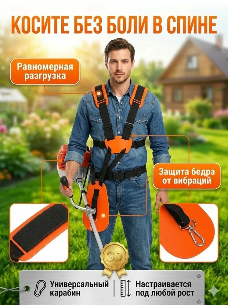 Ремень для триммера ранцевый, подвес на оба плеча-разгрузка с защитой бедра, универсальная портупея для бензокосы и электрокосы при длительном кошении газона.