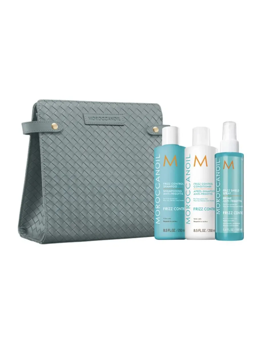 Набор Moroccanoil Весенний в серой косметичке Frizz Control: шампунь250 мл + кондиционер, 250 мл + спрей-защита, 160 мл