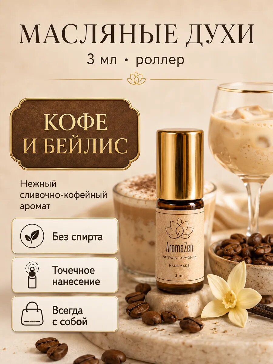 Масляные духи роллер "Кофе и Бейлис", женские, без спирта, шариковые, 3 мл