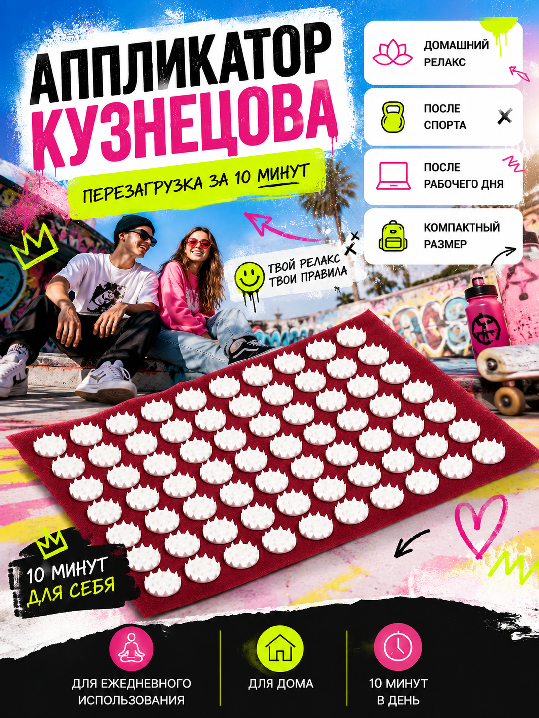 Аппликатор Кузнецова комплект, размер 260×560 мм + валик 140×230, 144 колючки, спантекс, цвет красный