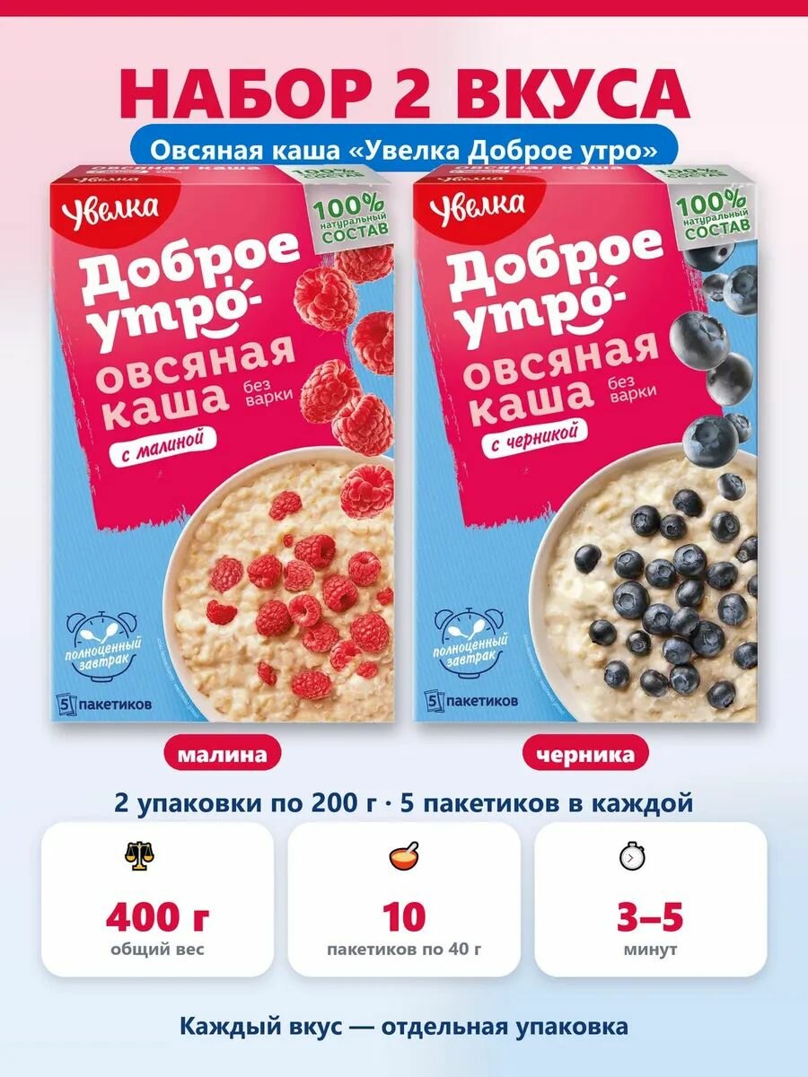 Овсяная каша Увелка Доброе утро набор ассорти малина черника 400 г 10 пакетиков по 40 г