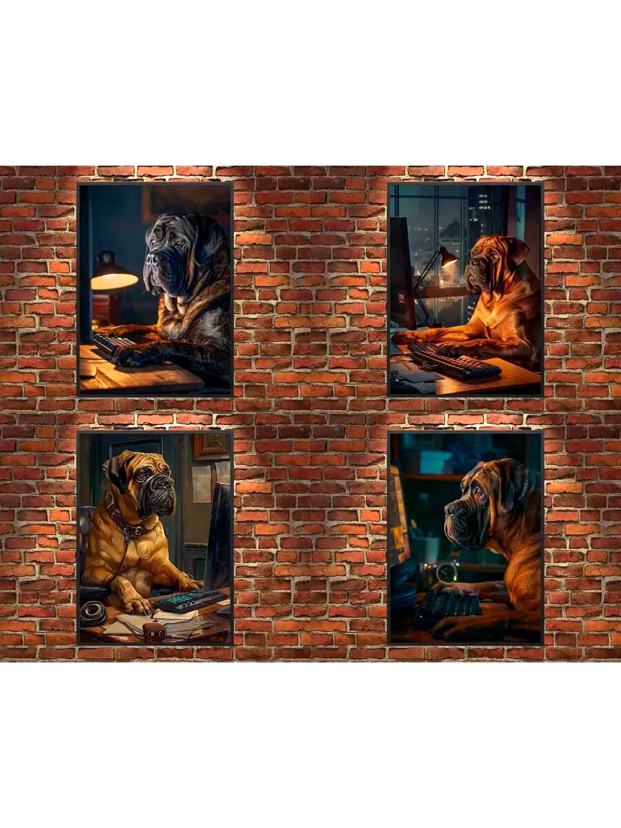 Английский мастиф-собака-программист, 4 Плаката, 30x21см