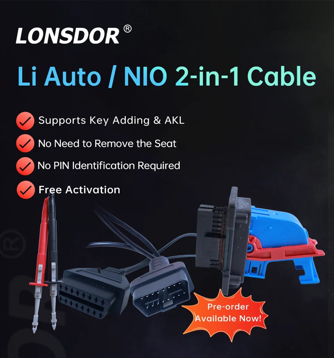 Кабель для программирования Lonsdor 2-в-1 для Li Auto L6, L7, L8, L9, MEGA / NIO ES6, EC6, E58 (для добавления ключей и AKL), используется с K518 PRO