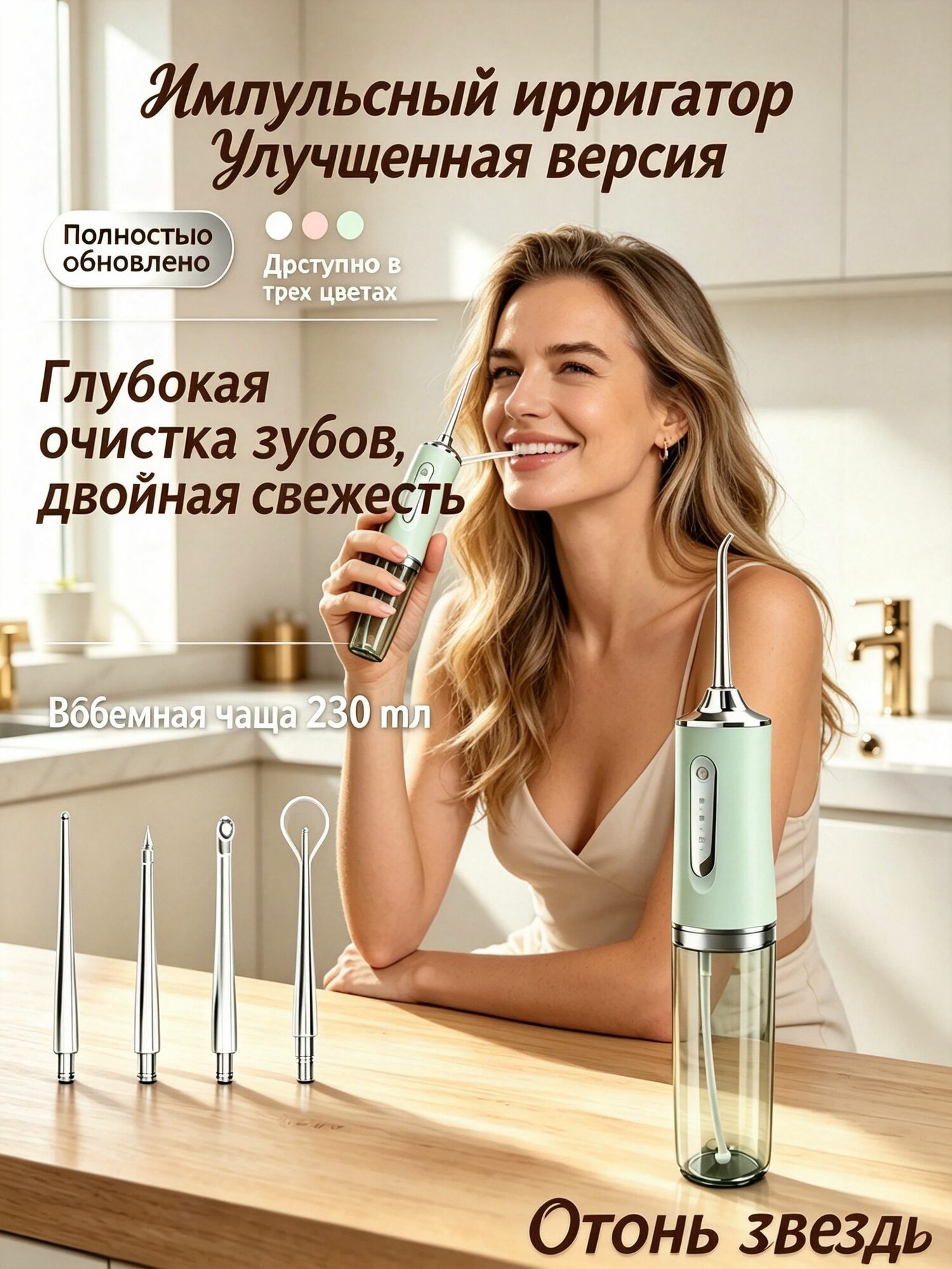 Ирригатор для полости рта, использование портативного ирригатора для зубов подходит для: (чистки зубов, десен, брекетов, языка) работает от аккумулятора, 4 насадки, для всей семьи