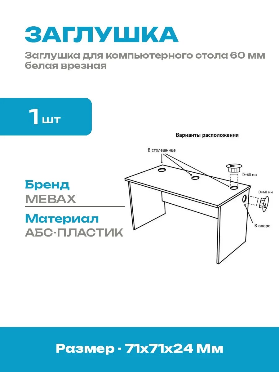 Заглушка кабель канала 60 мм белая для компьютерного стола