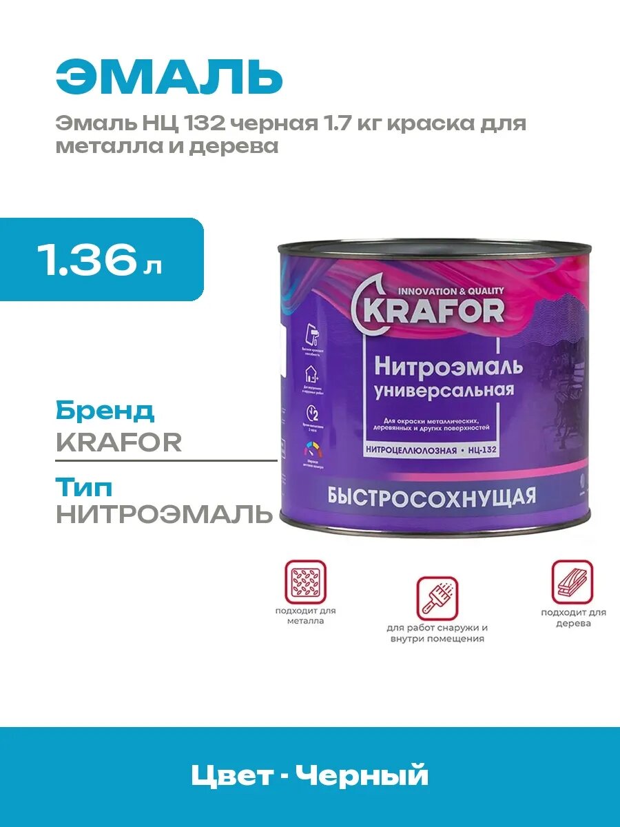 Черная нитроэмаль для металла и дерева 1.7 кг быстросохнущая