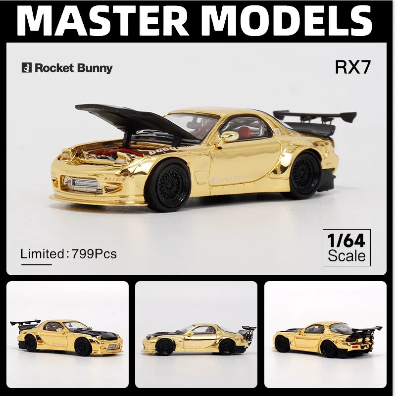 Модель автомобиля Mazda RX-7 FD3S Rocket Bunny 1:64 широкий обвес из сплава - электролакированный золотой с черным