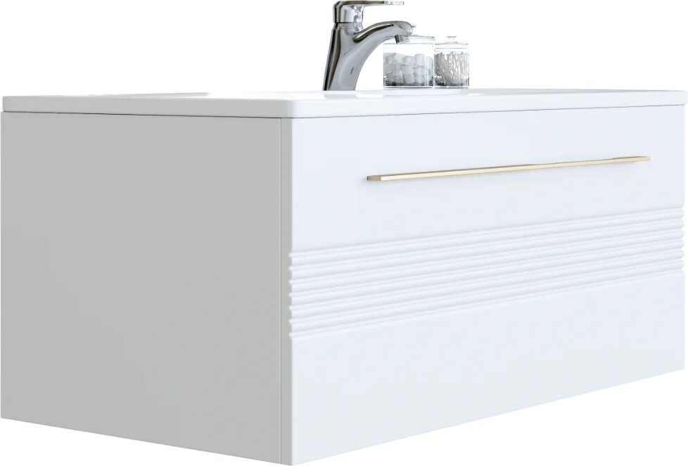 Тумба под раковину без столешницы Sanvit Соната 90 R подвесная, белая, глянцевая, из МДФ, тумба для ванной, с ящиками, с доводчиками