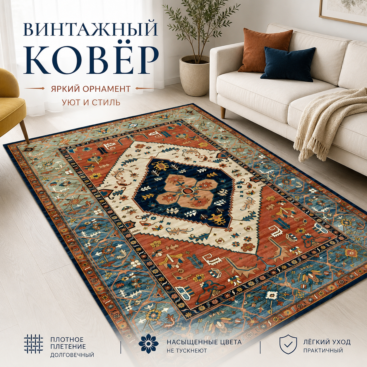Винтажный этнический ковёр с насыщенным восточным орнаментом, износостойкий для гостиной 80 см*120 см