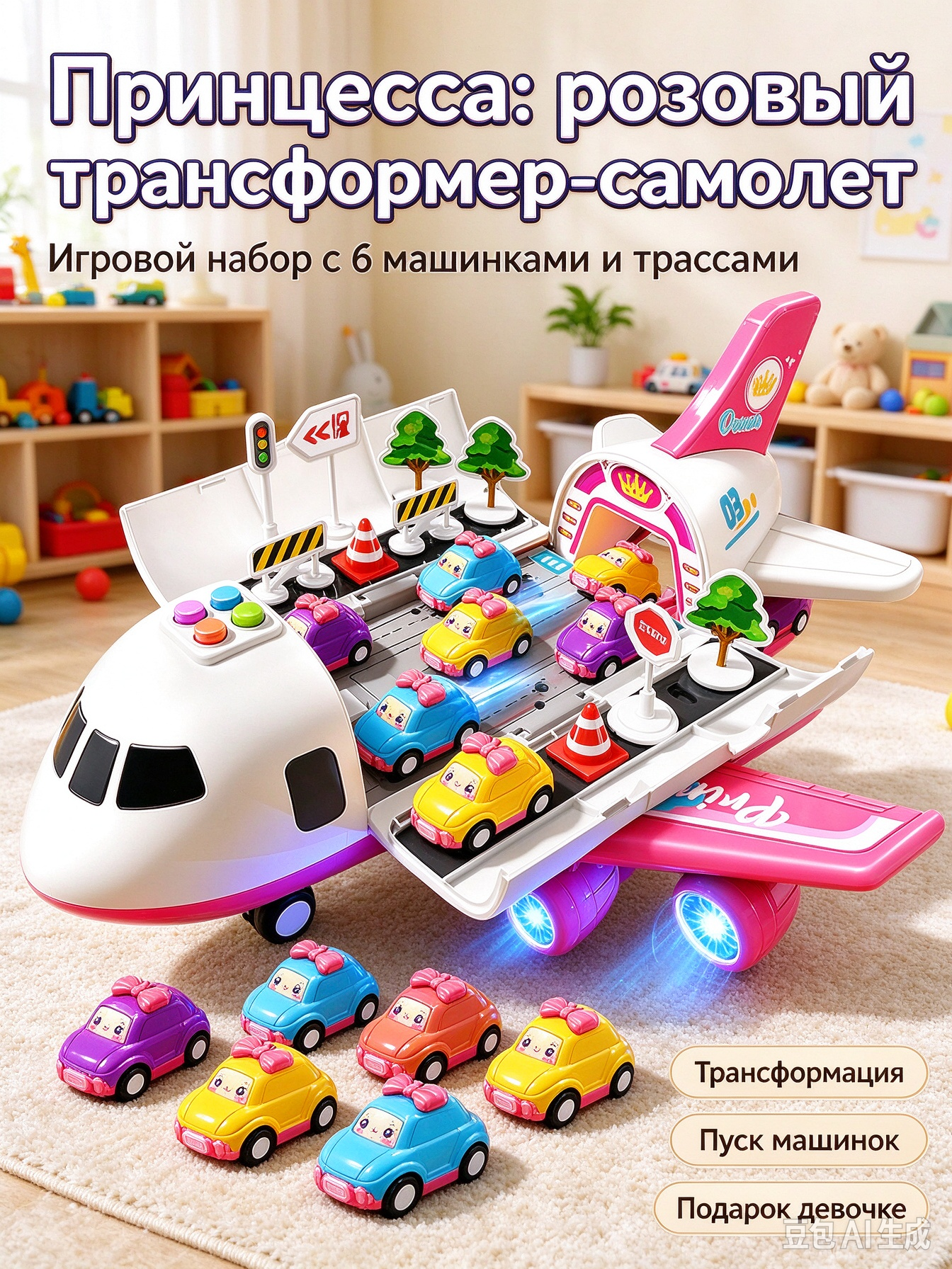 Игровой набор Самолёт-трансформер с 6 машинками и трассой, парковка и запуск машинок
