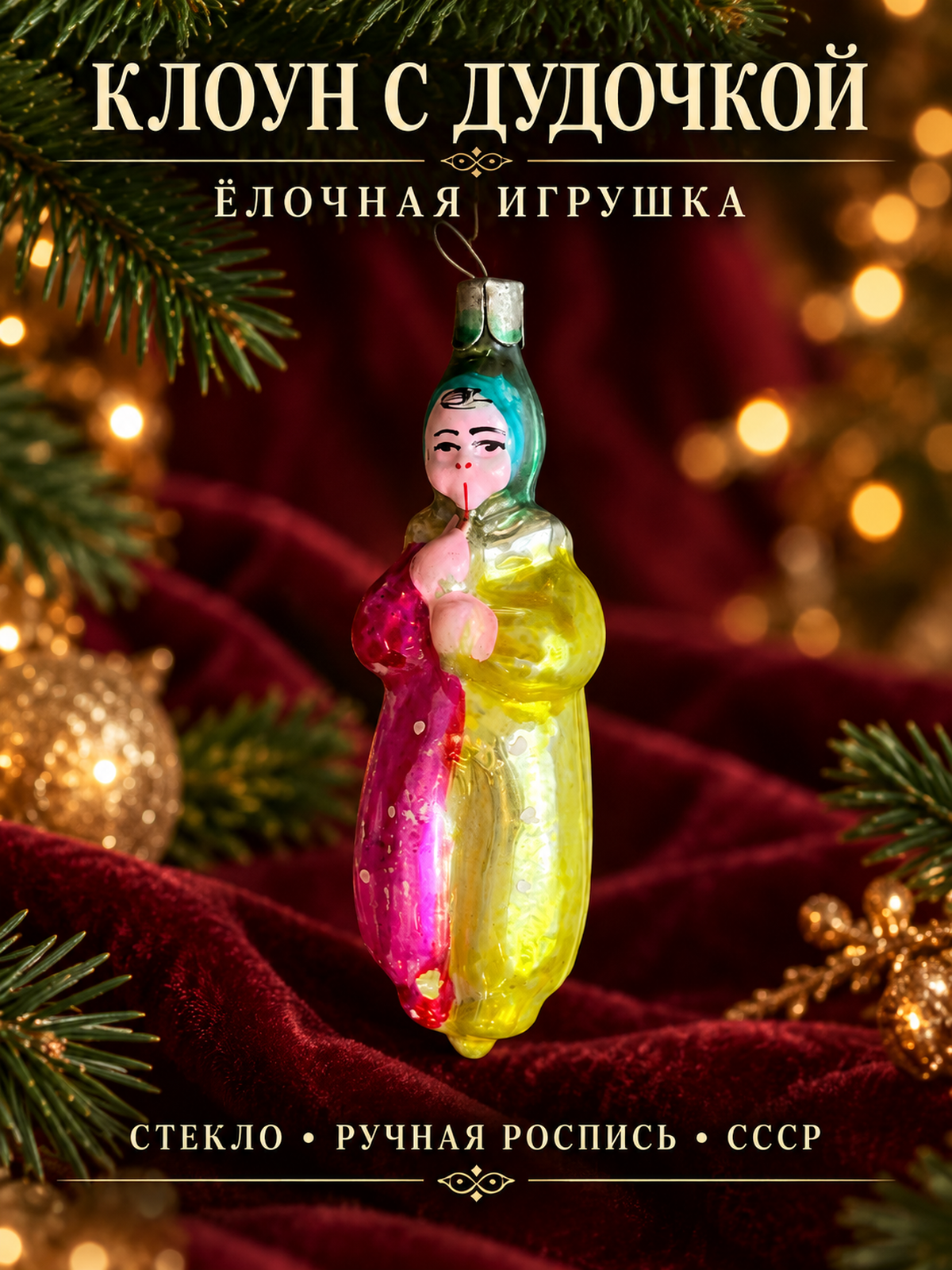 Ёлочная игрушка Клоун с дудочкой, подвесная, стекло, ручная роспись, винтаж СССР 1960-1990 гг