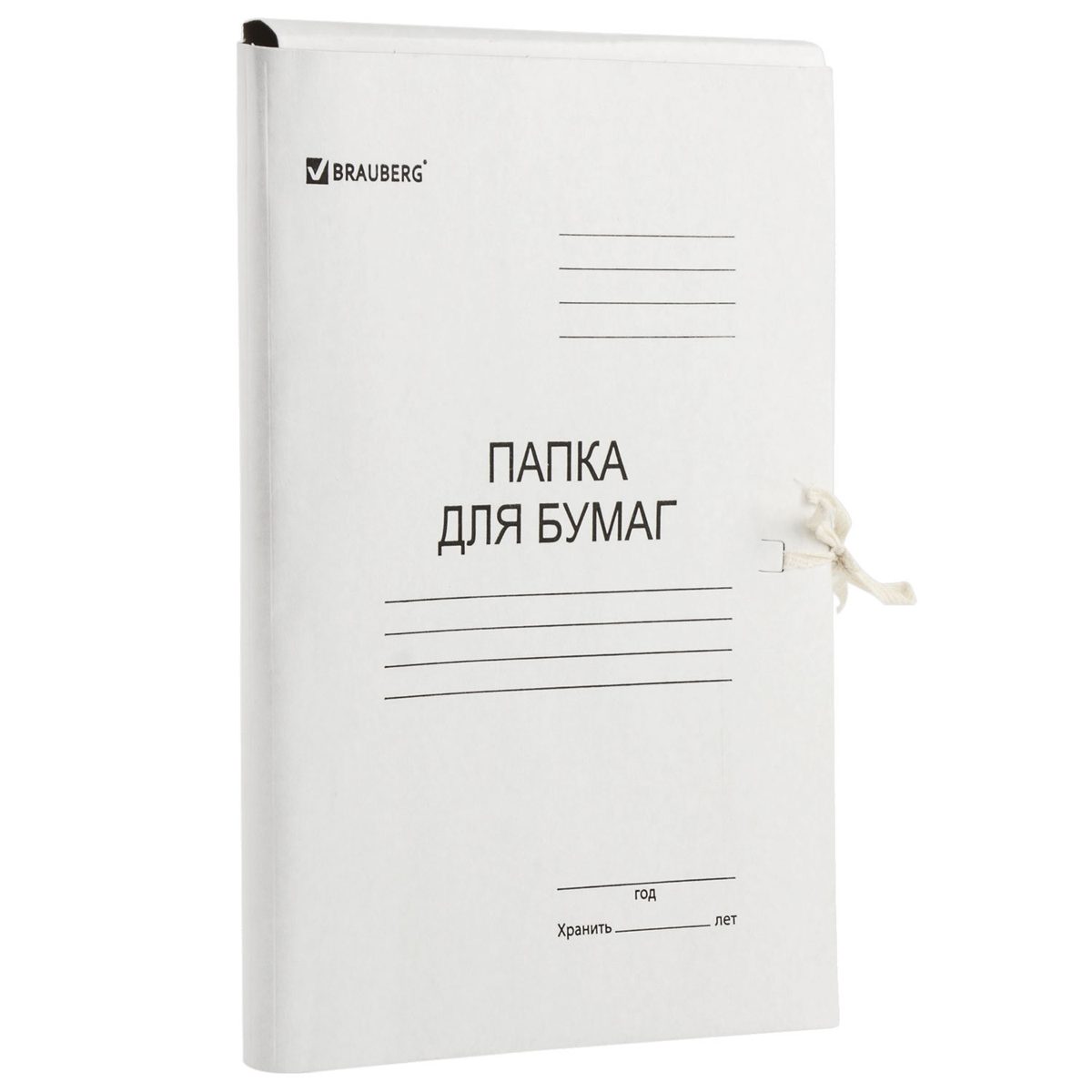 Папка с завязками картонная Brauberg (А4, 440 г/м2, на 200л, картон мелованный) белая, 100шт.