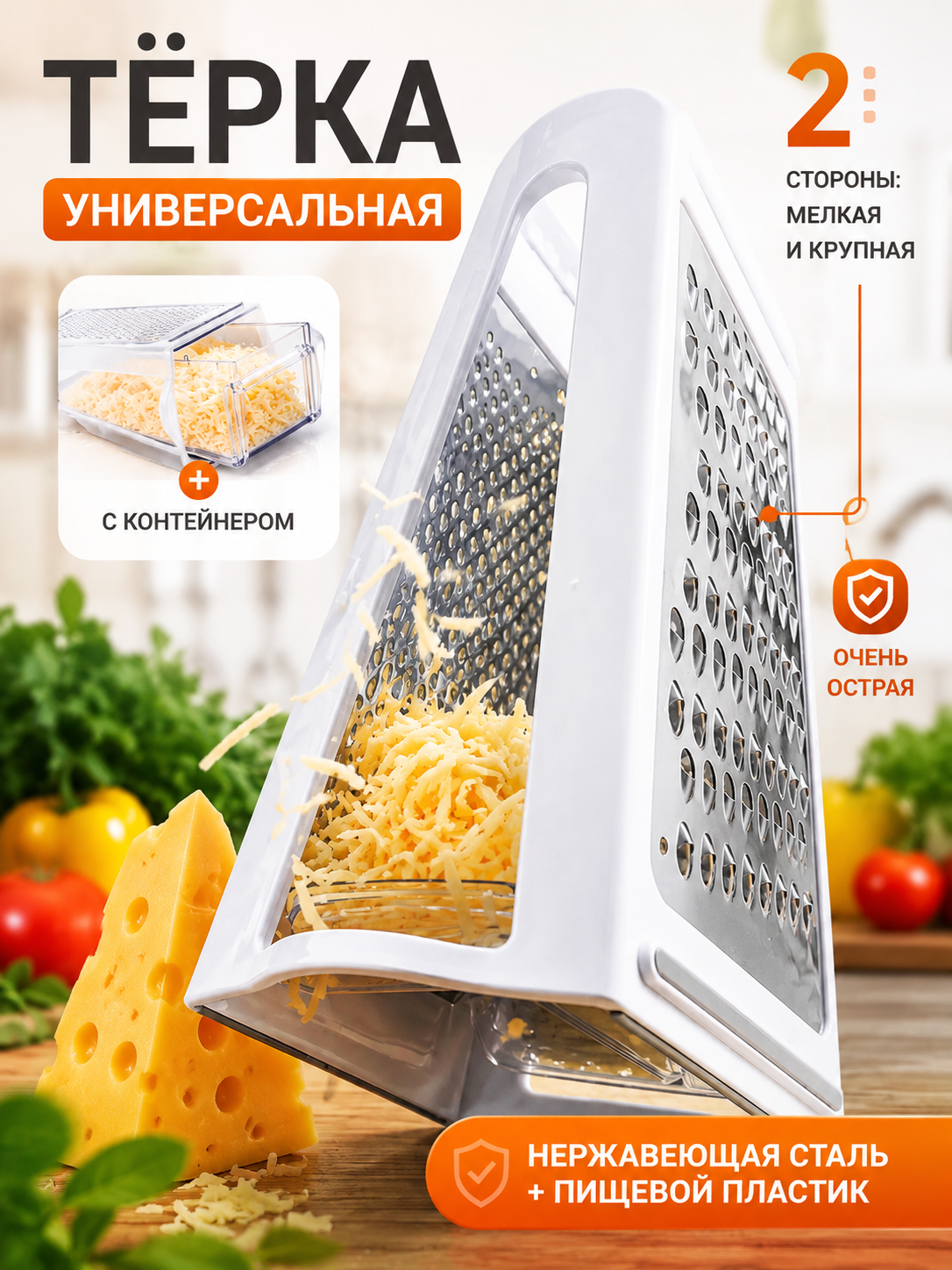 Двухсторонняя ручная тёрка с контейнером 270 г — кухонная терка для овощей, фруктов и сыра