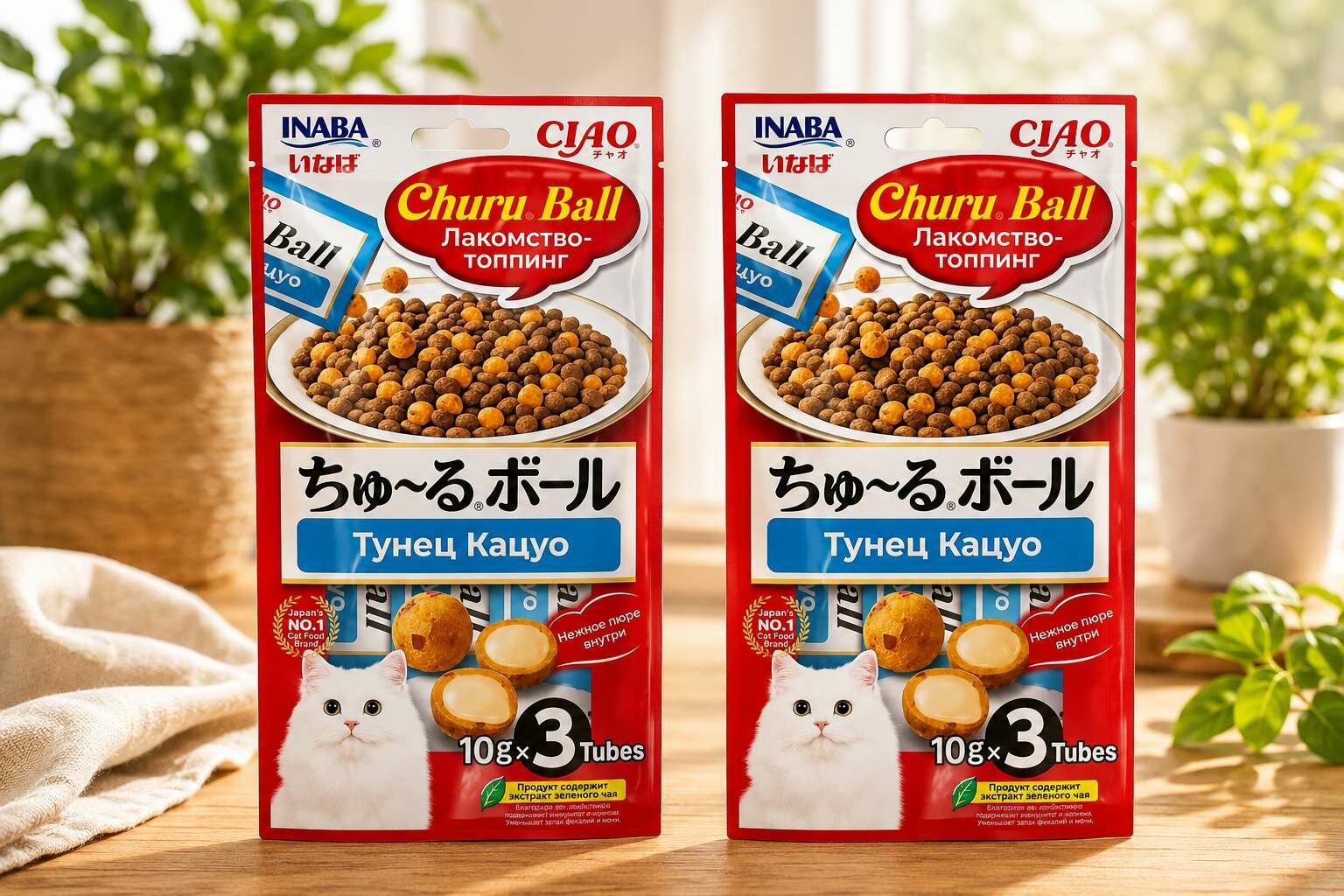 Лакомство для кошек INABA Churu Ball топпинг с тунцом кацуо, 2 уп х 30 гр