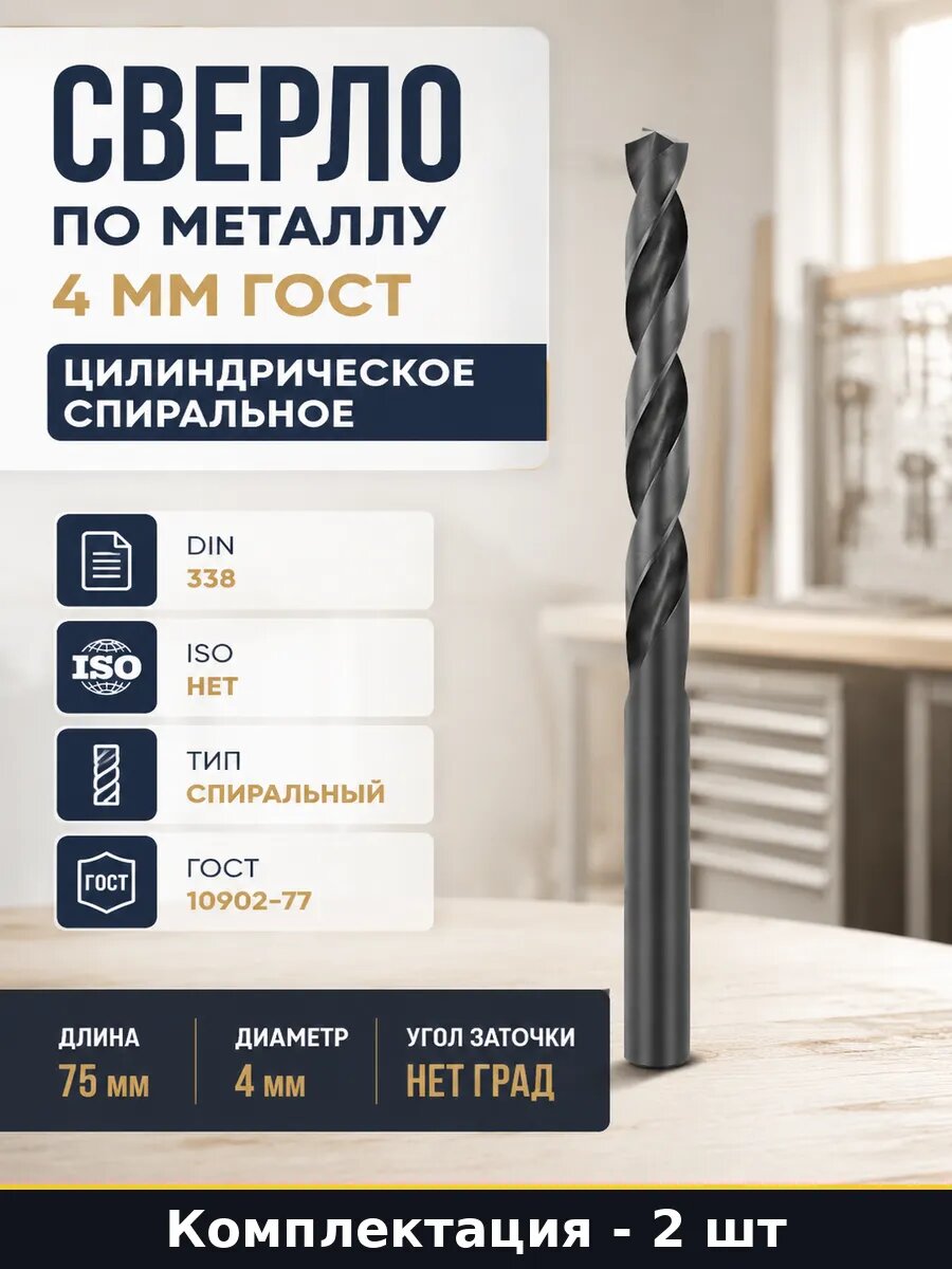 Сверло Ц/Х 4 мм Р6М5 шлифованное для стали длина 75 мм 2 шт