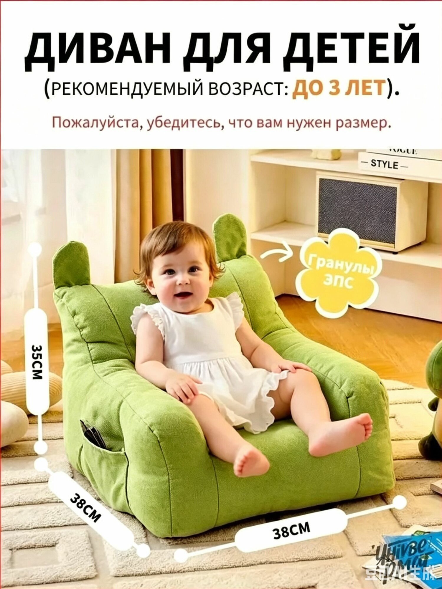 Прямой диван, механизм Нераскладной, 35х38х38 см, зеленый