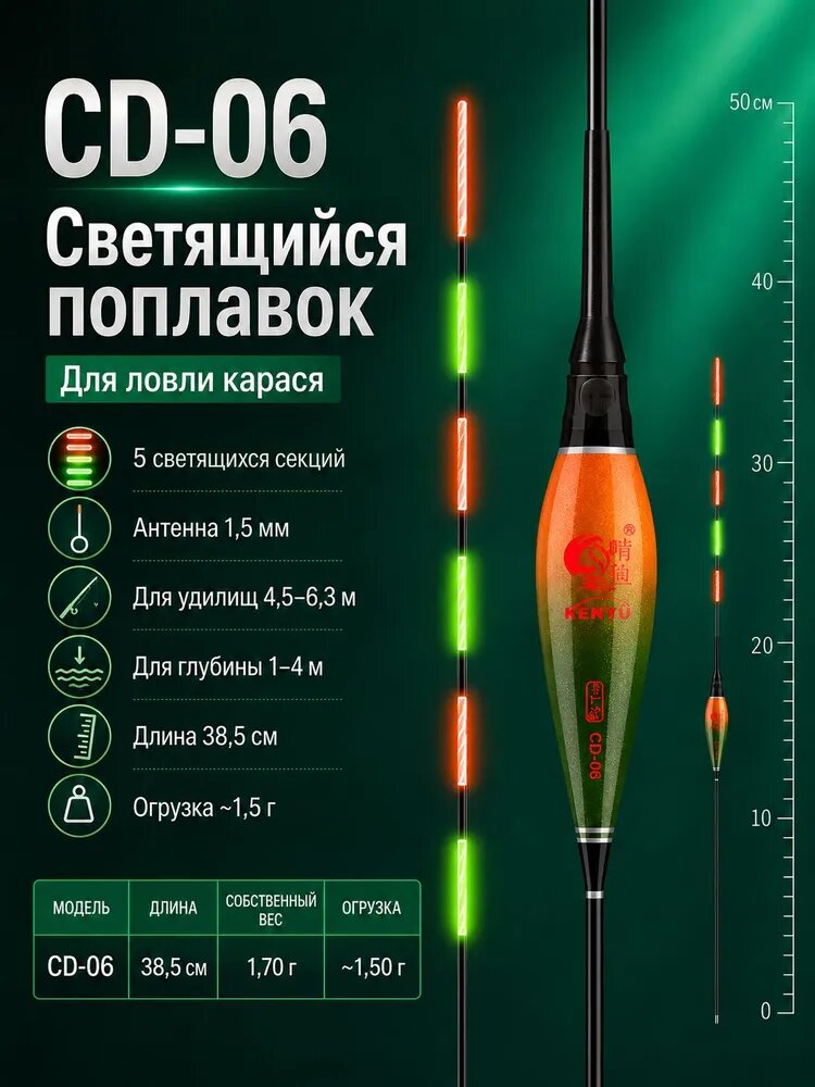 Светящийся поплавок CD-06 для ночной рыбалки, 38,5 см, огрузка около 1,5 г, 5 светящихся секций, 3 шт.