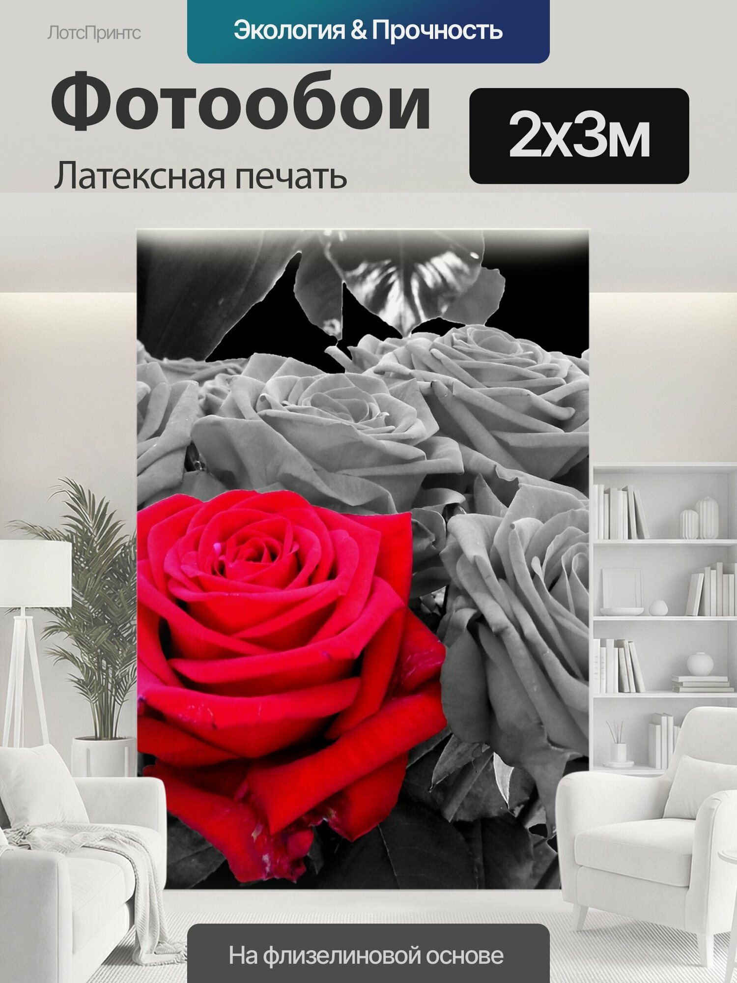 Фотообои моющиеся ударопрочные "Розы, красный, черно-белый" 200x300 см. латексная печать