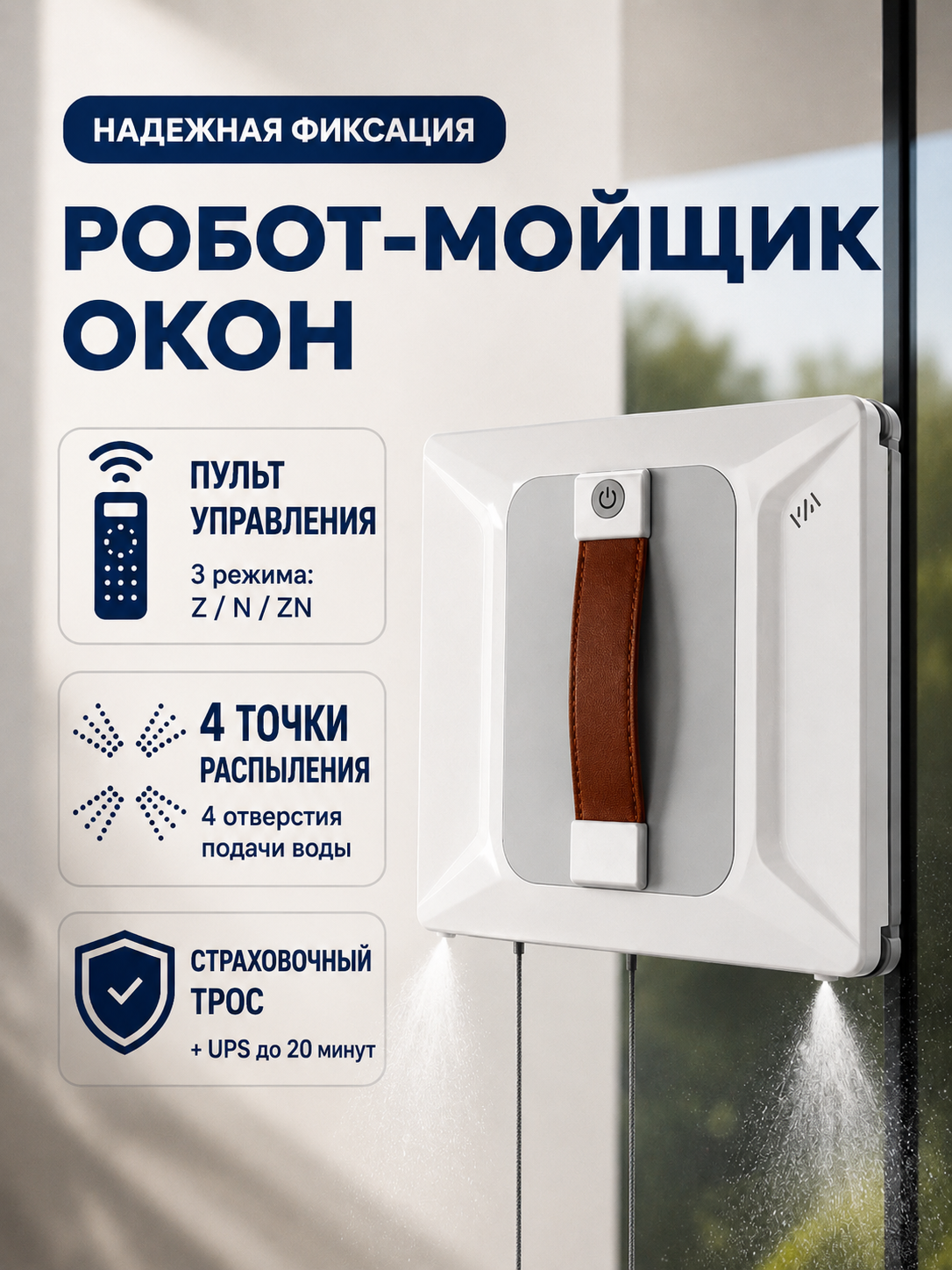 Робот-мойщик окон с 4 распылителями воды, стеклоочиститель для окон и зеркал, пульт ДУ, страховочный трос