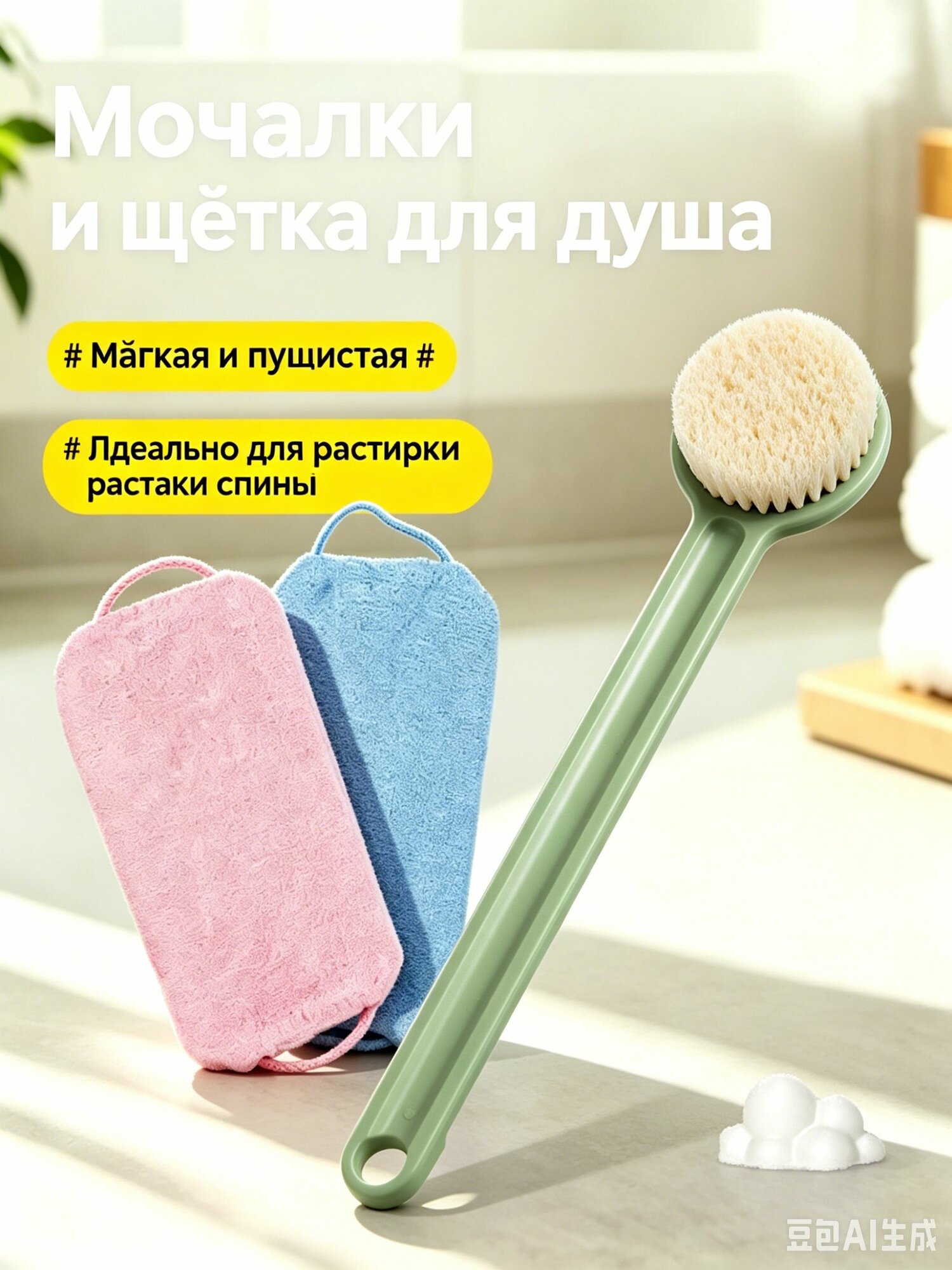 Японские мочалки для тела с ручками, Щетка для душа