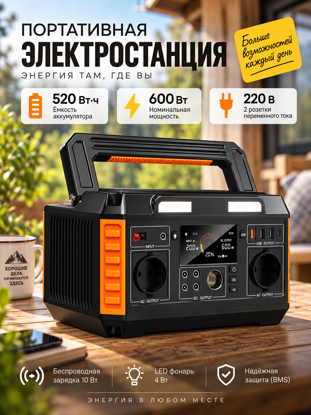 Портативная автономная электростанция 600 Вт, 520 Вт·ч, 220 В, USB-C, беспроводная зарядка. Для дома / дачи / квартиры / активного отдыха. Модель A6