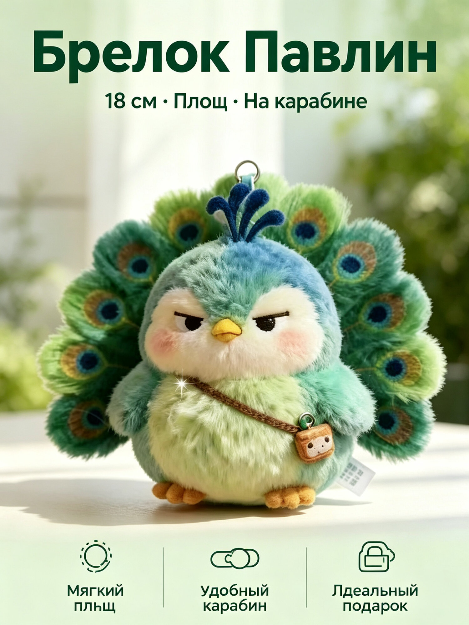 Мягкая игрушка-брелок «Зелёный павлин» 18 см, плюш, на карабине