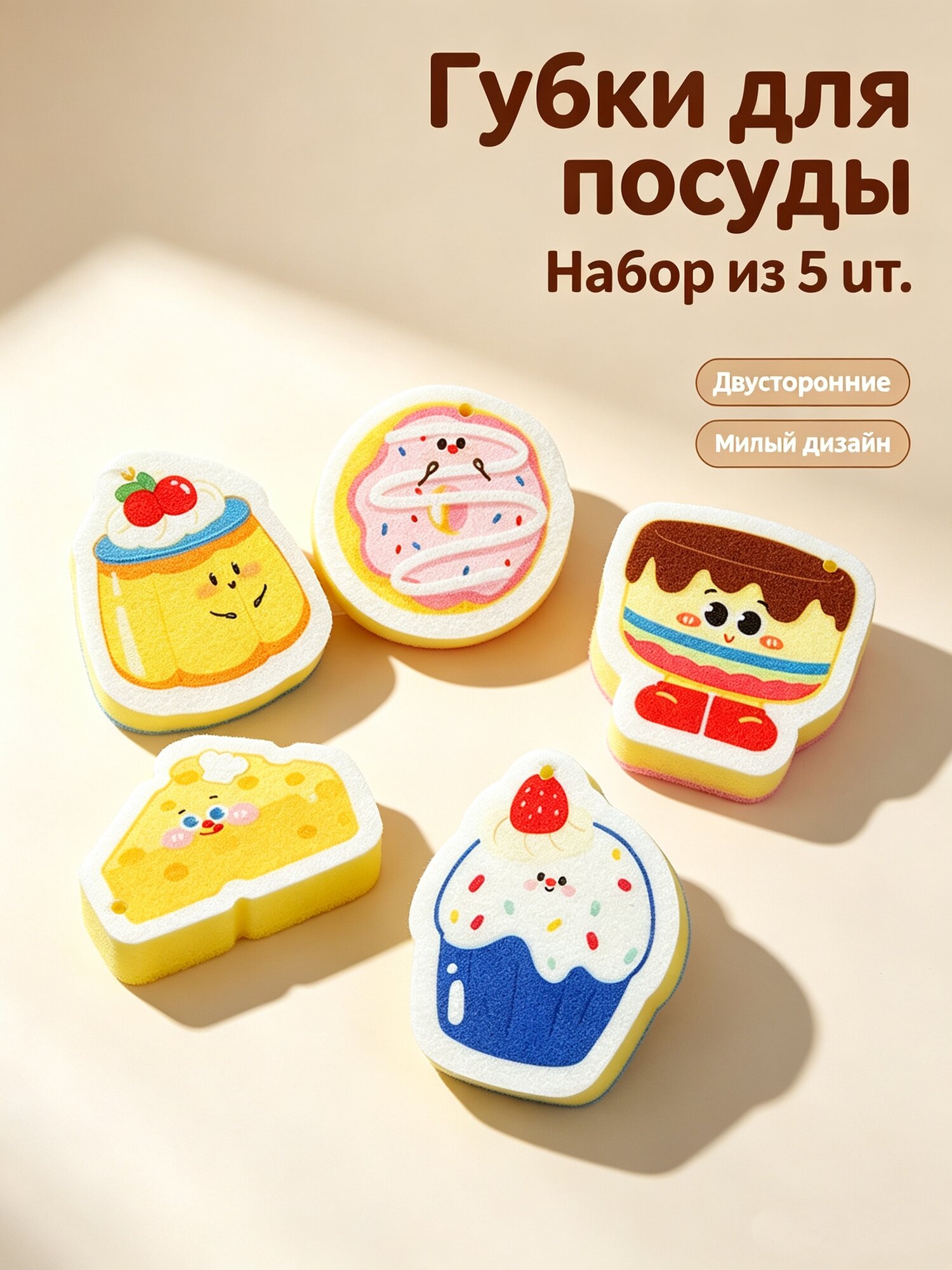 Милые мультяшные губки для мытья посуды / портативные, мягкие / упаковка из 5 штук.