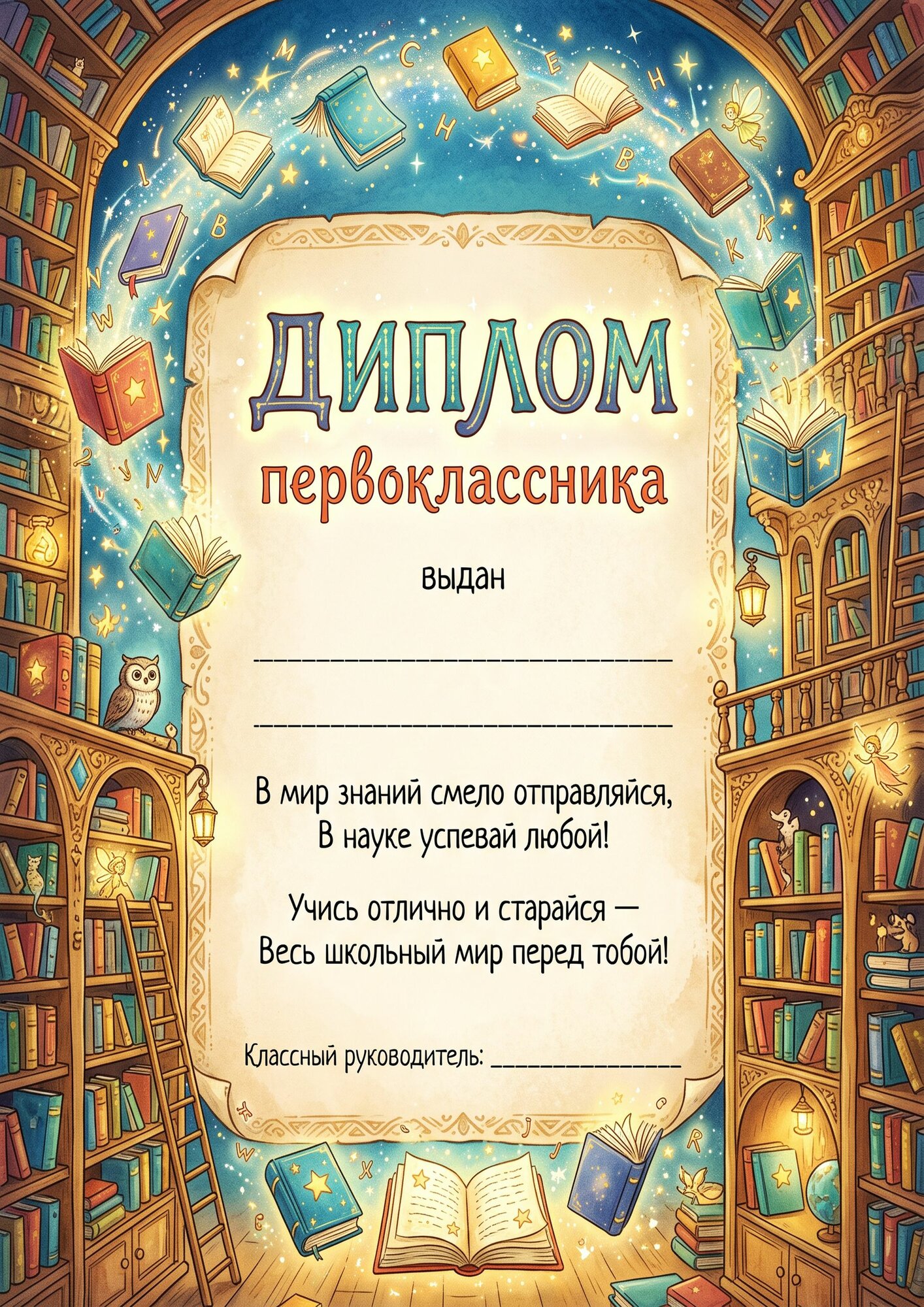 Диплом первоклассника А4 "Волшебная библиотека" (Набор 5 шт. 230 г/м, глянец). Милая яркая грамота для мальчиков и девочек