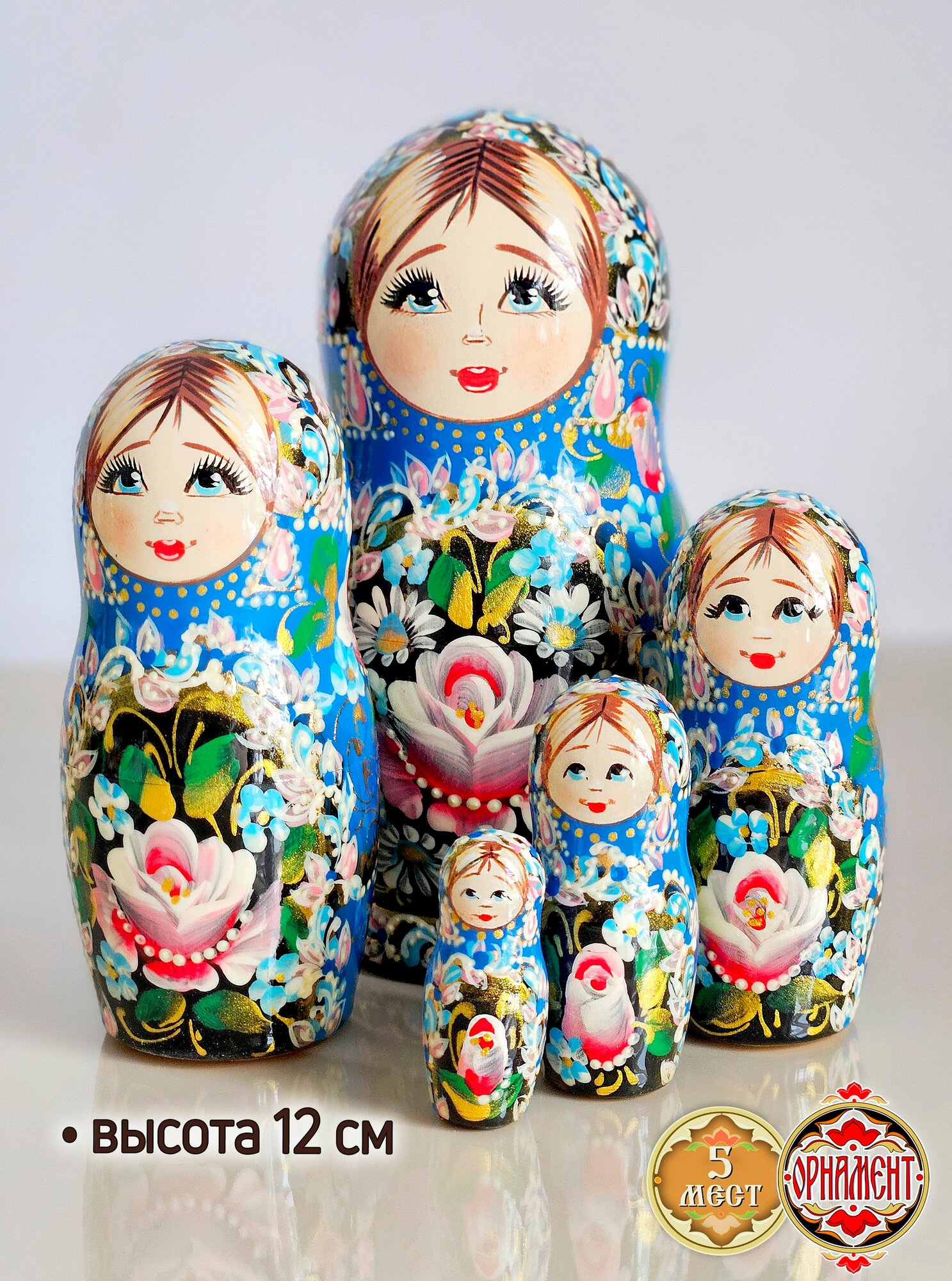 Русская матрешка деревянная Синий букет, 5 мест, 12 см