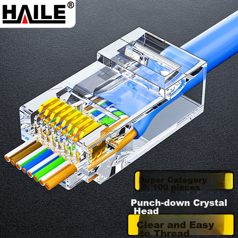HAILE Кристаллические разъемы с золотым покрытием RJ45 Cat5e, через-отверстные, упаковка 100 шт. HT-500A Модель：Cat5e