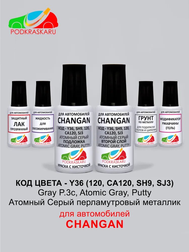 Подкраска сколов Y36 (120, CA120, SH9, SJ3) CHANGAN Атомный Серый, Gray p.3c, Atomic gray, Putty 5 флаконов