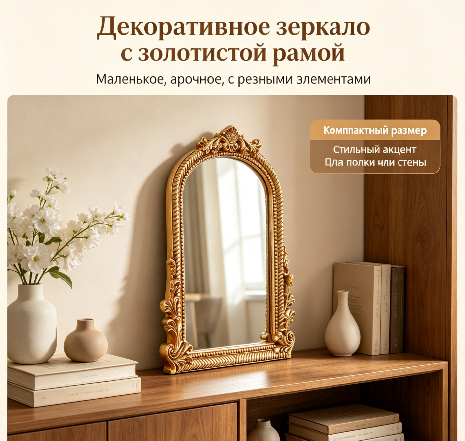Винтажное арочное зеркало с золотой резьбой, французский стиль, настенное и настольное декоративное зеркало для