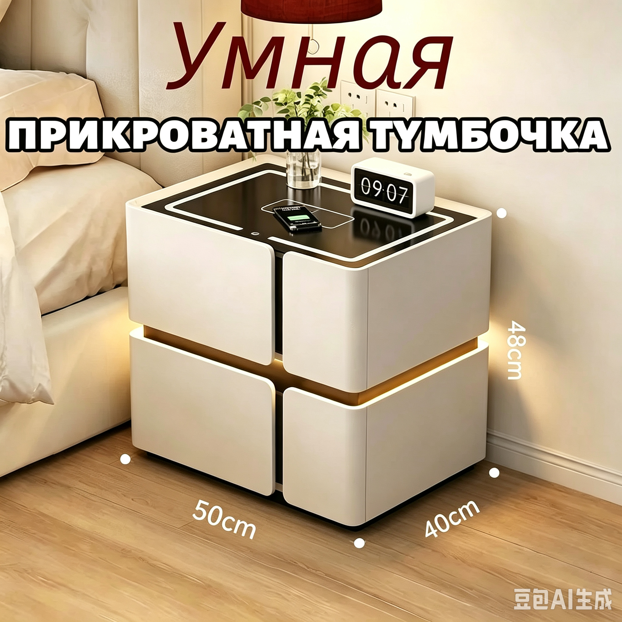 Прикроватная тумбочка, с беспроводной зарядкой, экокожа, сосна, 50x40x48 см