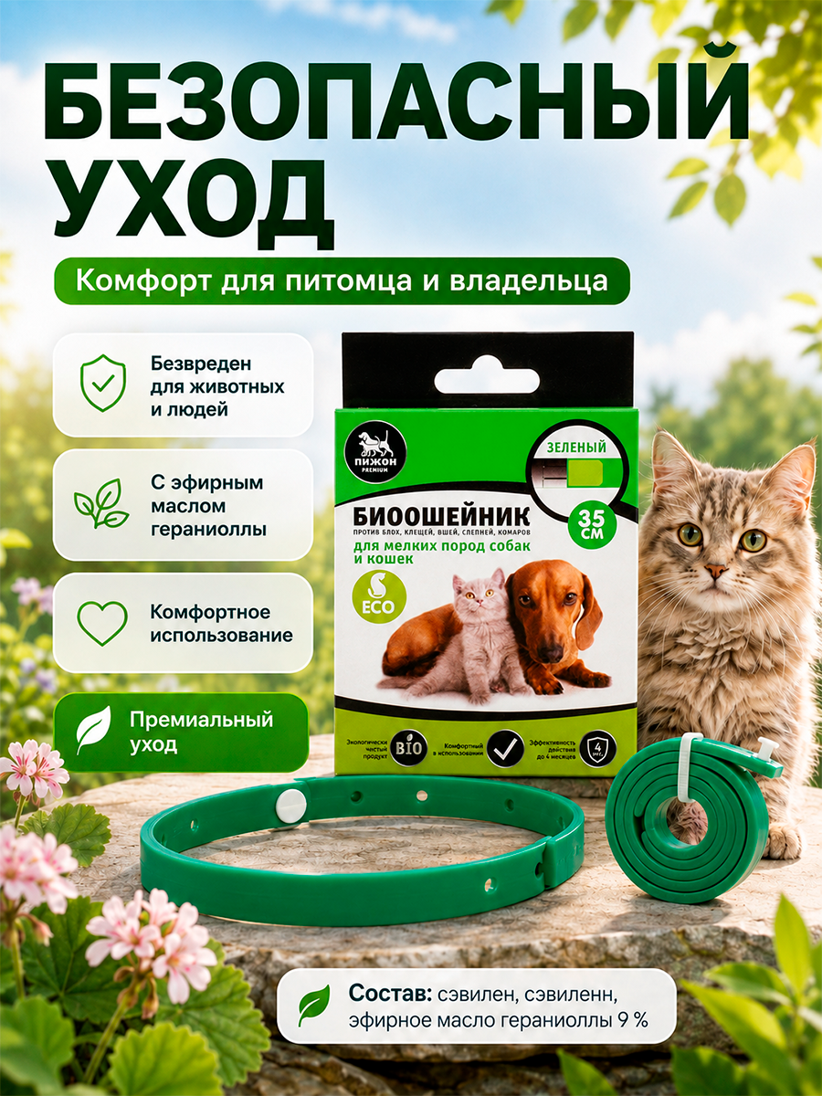 Биоошейник от паразитов "Пижон Premium" для кошек и собак, зелёный, 35 см — фото 1